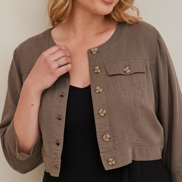 torrid | Jackets & Coats | Torrid Brown Tan Cotton Button Front Elbow Sleeve Cropped Crop ...